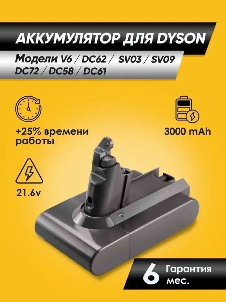 Аккумулятор для пылесоса Dyson V6, DC62, SV03, SV09, DC58 (21.6V, 3000mAh)