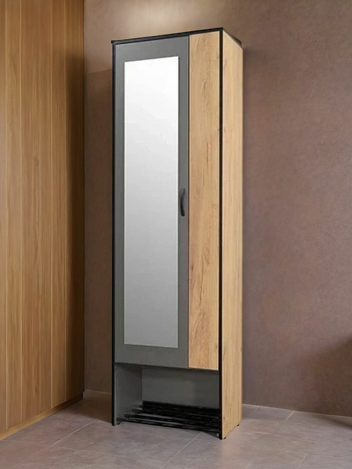 Распашной шкаф для одежды и хранения вещей с зеркалом Ольга Лофт 3.1 Ивару двухстворчатый с полками, со штангой 60х35х200 см Дуб крафт золотой / темно серый