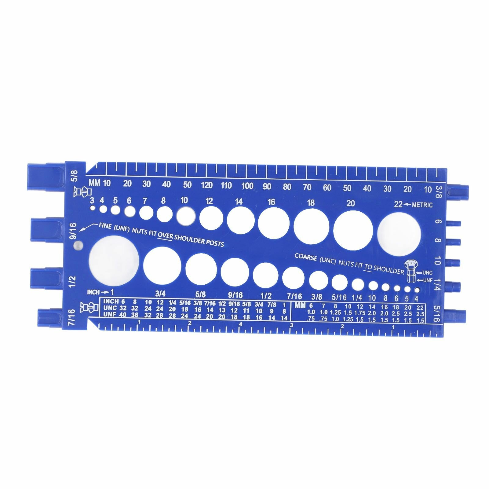 Калибр для проверки резьбы болтов и гаек от M3 до M22 метрических и от #4 до 3/4 дюймовых размеров. Калибр-идентификатор болтов и гаек синего цвета.