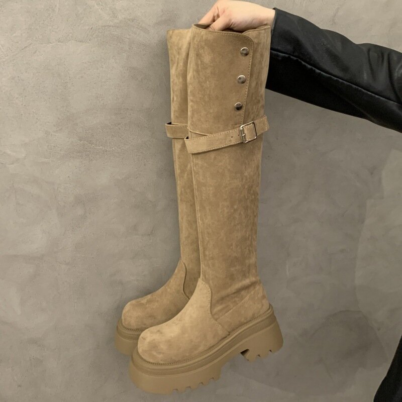 Корейские модные длинные сапоги с отворотами на толстой подошве для женщин, осень-зима 2025, новые рыцарские сапоги выше колена на толстом каблуке