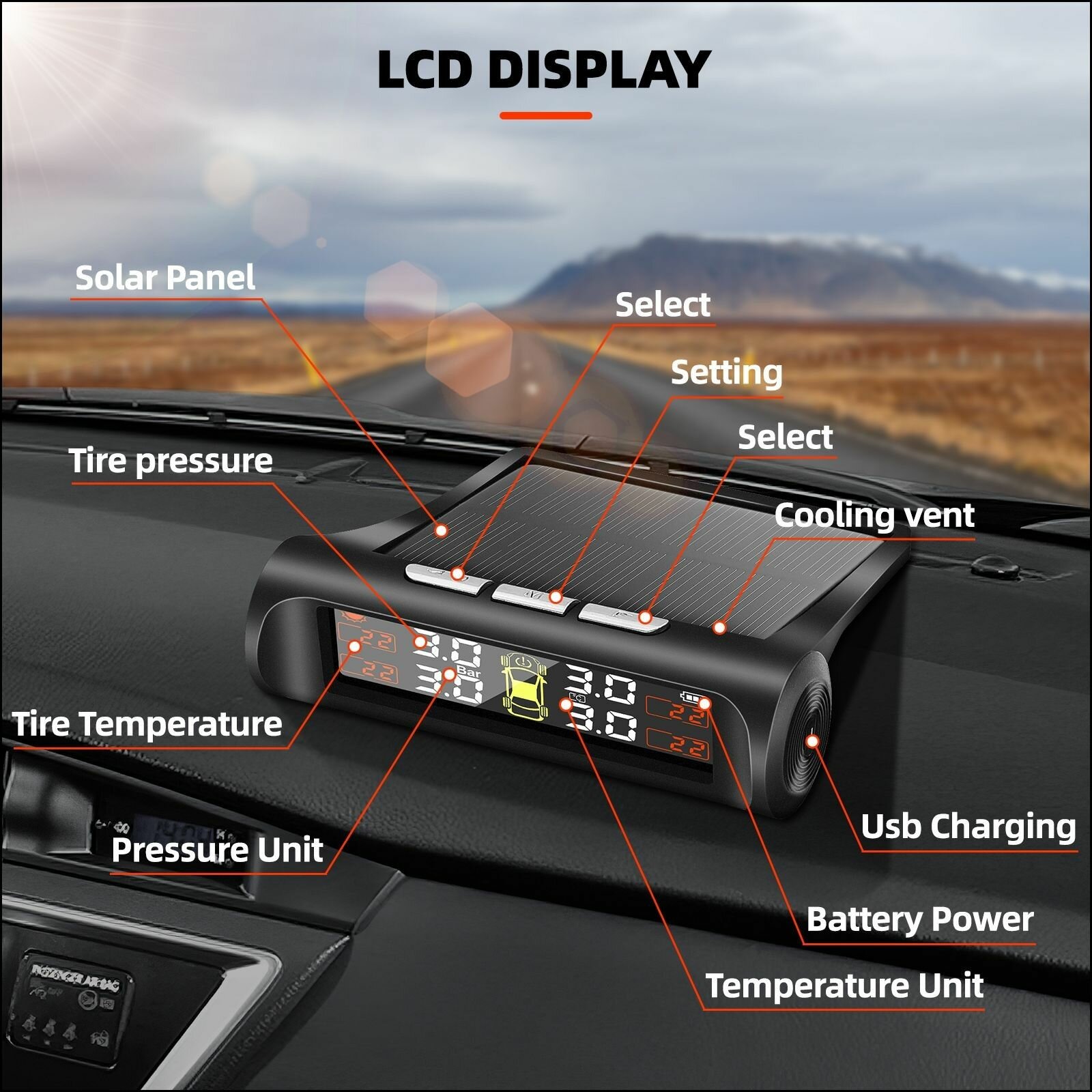 Современная система мониторинга давления и температуры в шинах с 4 внешними датчиками, премиальный комплект с солнечной панелью, ЖК дисплеем и звуковым оповещением
