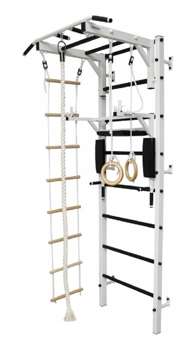 Металлический турник с рукоходом для квартиры и дома с брусьями, канатом, кольцами и лесенкой