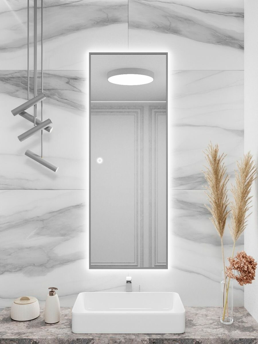 Зеркало настенное 120х40 см. BLX MIRROR с подсветкой в ванную сенсорное в алюминиевой раме, Серебро