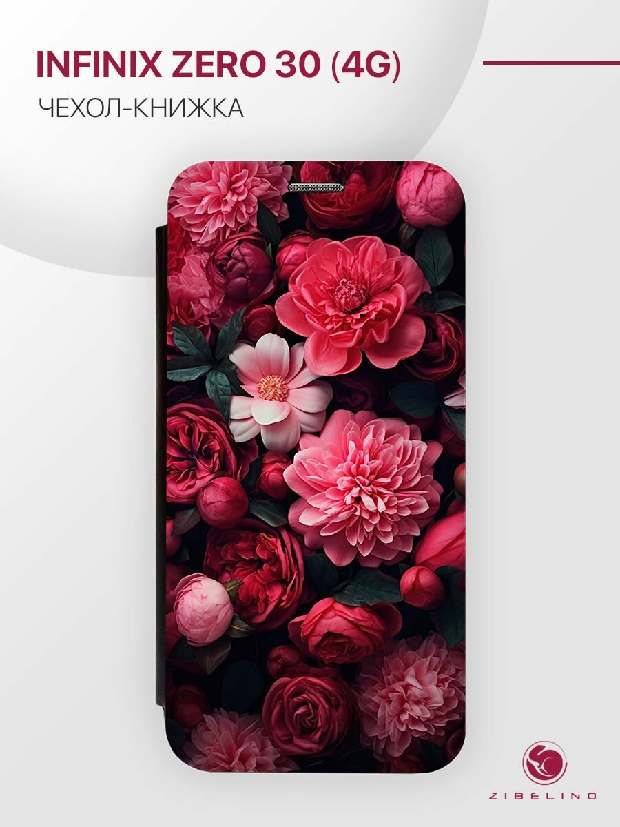 Чехол для Infinix Zero 30 4G (X6731B) с магнитом, черный с принтом пионы красные / Инфиникс Зеро 30 4G