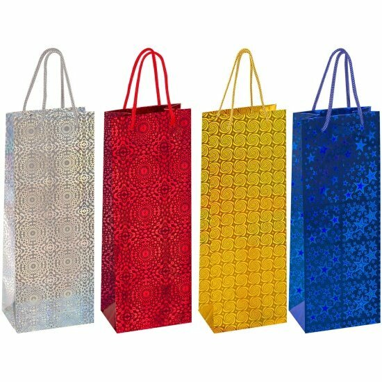 Пакет подарочный Золотая Сказка для бутылки 13x9x36 см (B), набор 8 шт, 4 дизайна, голография, , 609735