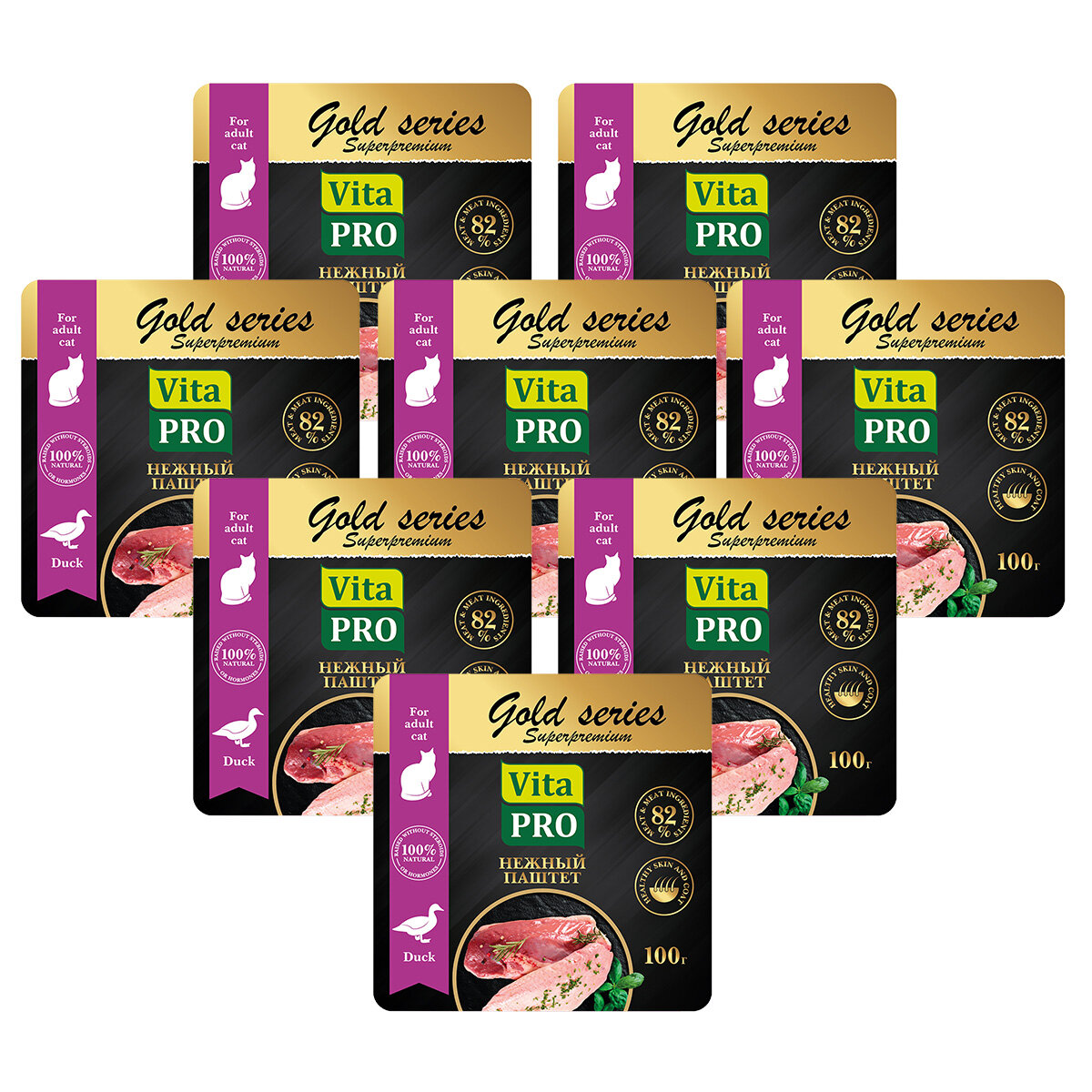 Корм влажный Vita Pro Gold для кошек паштет, утка, 100 г х 8 шт