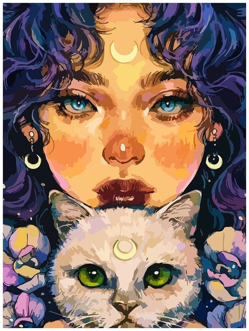 Картина по номерам на холсте Девушка с кошкой (луна) - 8487 В 30x40