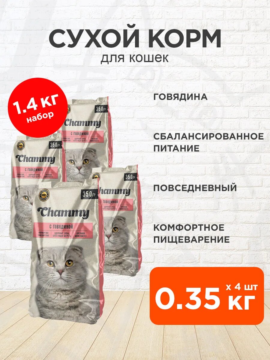 Корм сухой Chammy для взрослых кошек, говядина, 350 г 4 шт