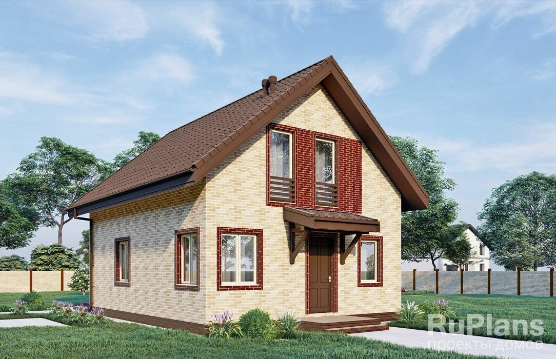 Одноэтажный дом с мансардой, террасой, тремя спальнями и отделкой листами АМК. (81 м2, 13м x 7м) Rg6326