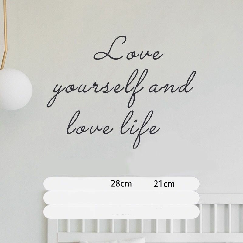 Наклейка интерьерная большая надпись на стену "Love yourself and love life" на стекло, стену, мебель, дверь 28х21см