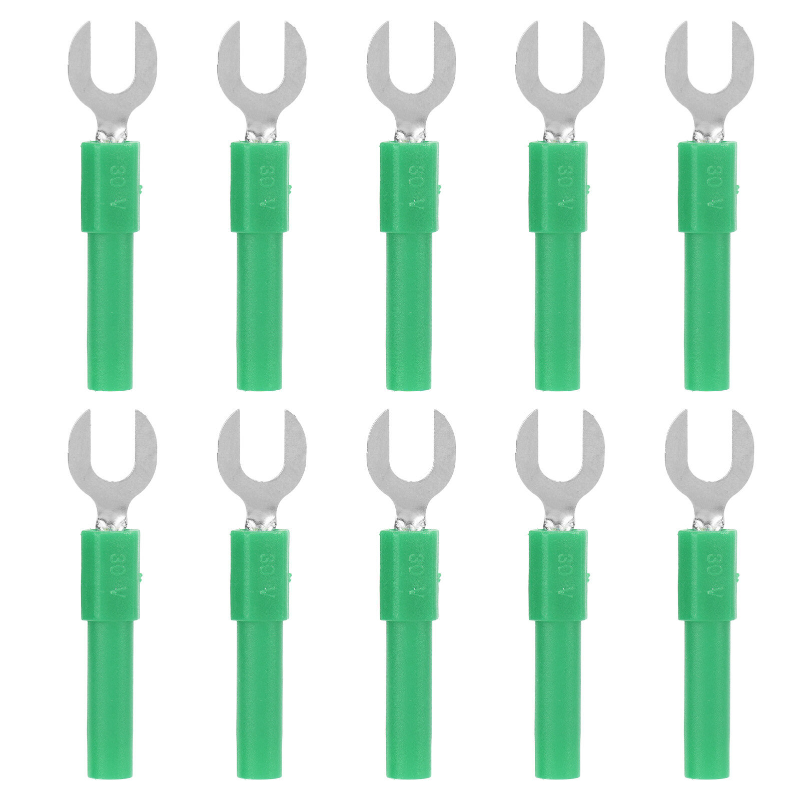 10 шт. вилочных клеммных соединителей для проводов, латунные, Y-образный, 6 мм/0,2 дюйма, с отверстием 4 мм/0,2 дюйма, банановый штекер, максимальное напряжение 30–60 В переменного тока, 0,10 А, зеленый цвет.