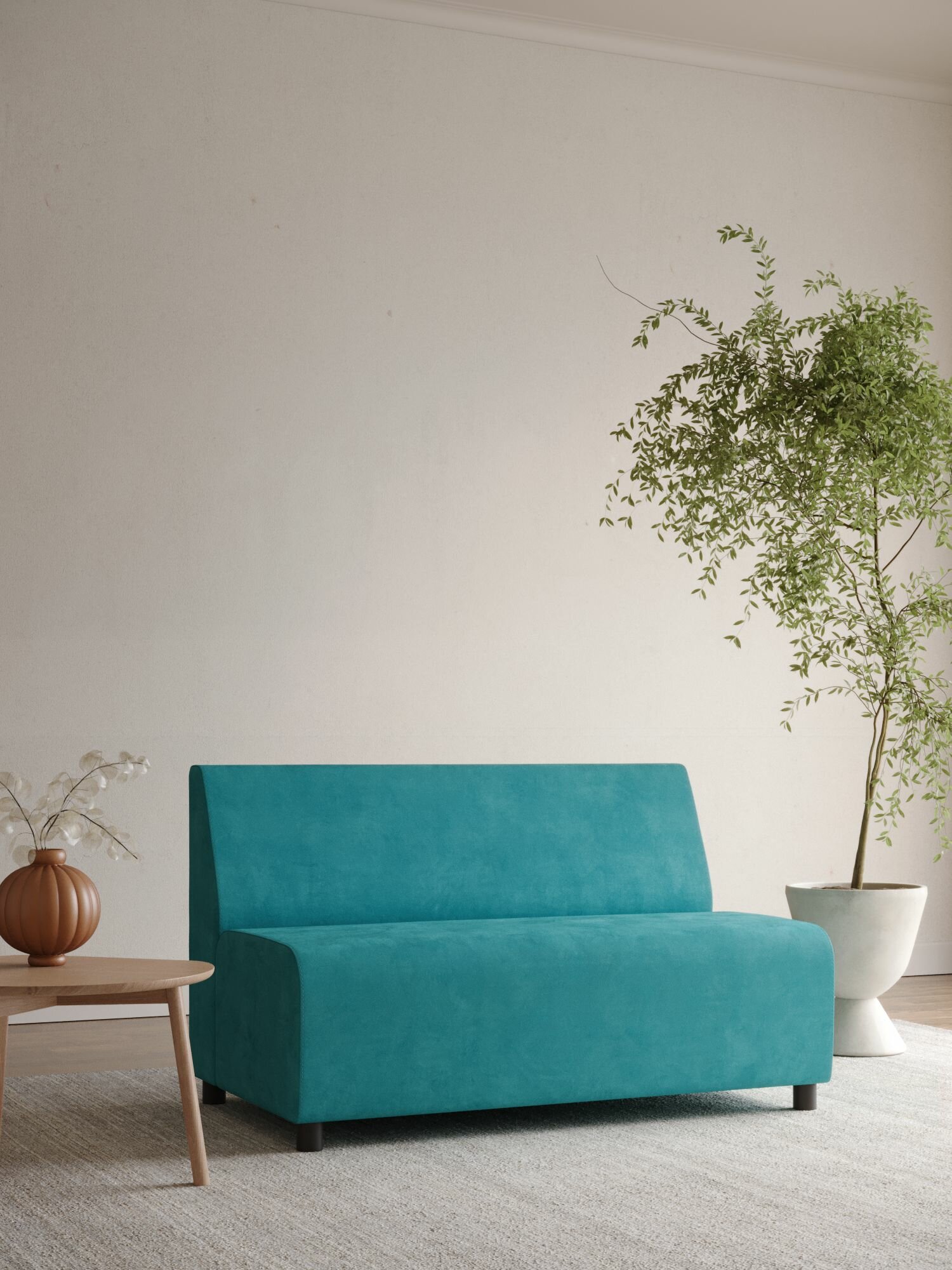 Диван прямой Альфа без подлокотников бирюзовый велюр. Офис, дом, салон красоты, прихожая, гостиная, зона ожидания.
