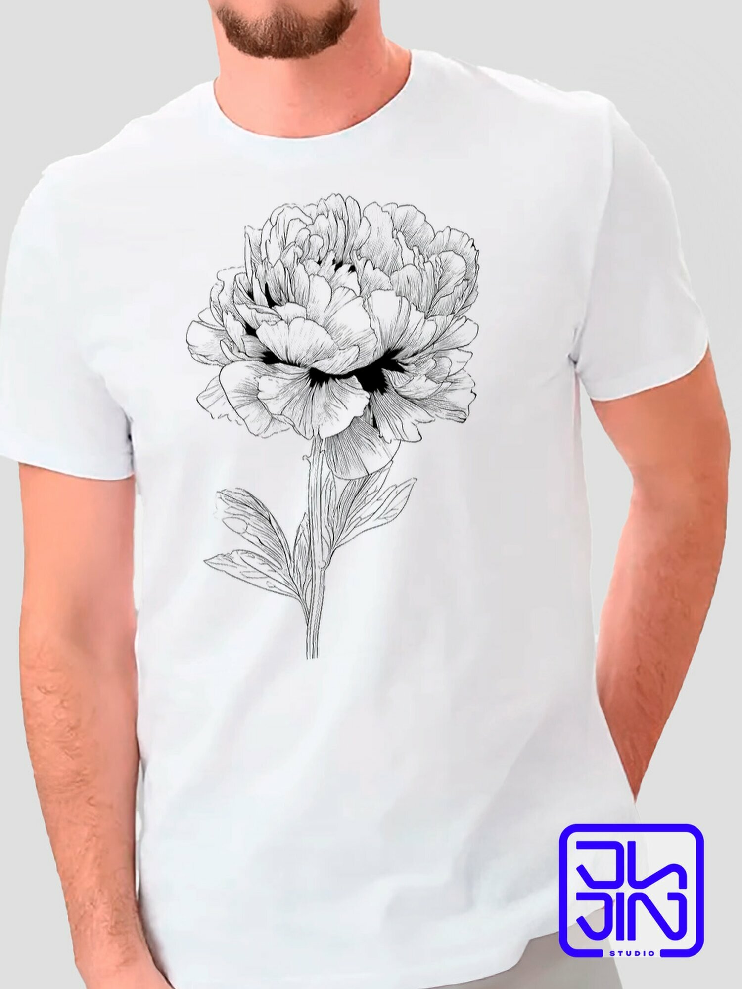 Футболка классическая мужская с авторским принтом Пион черно-белый, минималистичный цветочный рисунок природы на белом фоне, белый хлопковый трикотаж с прикольным рисунком на груди