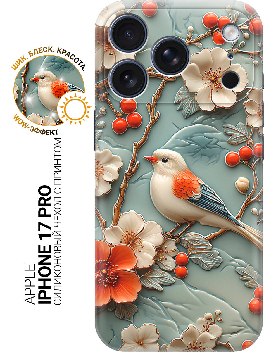Силиконовый чехол на Apple iPhone 17 Pro с принтом "Птичка и рябина"