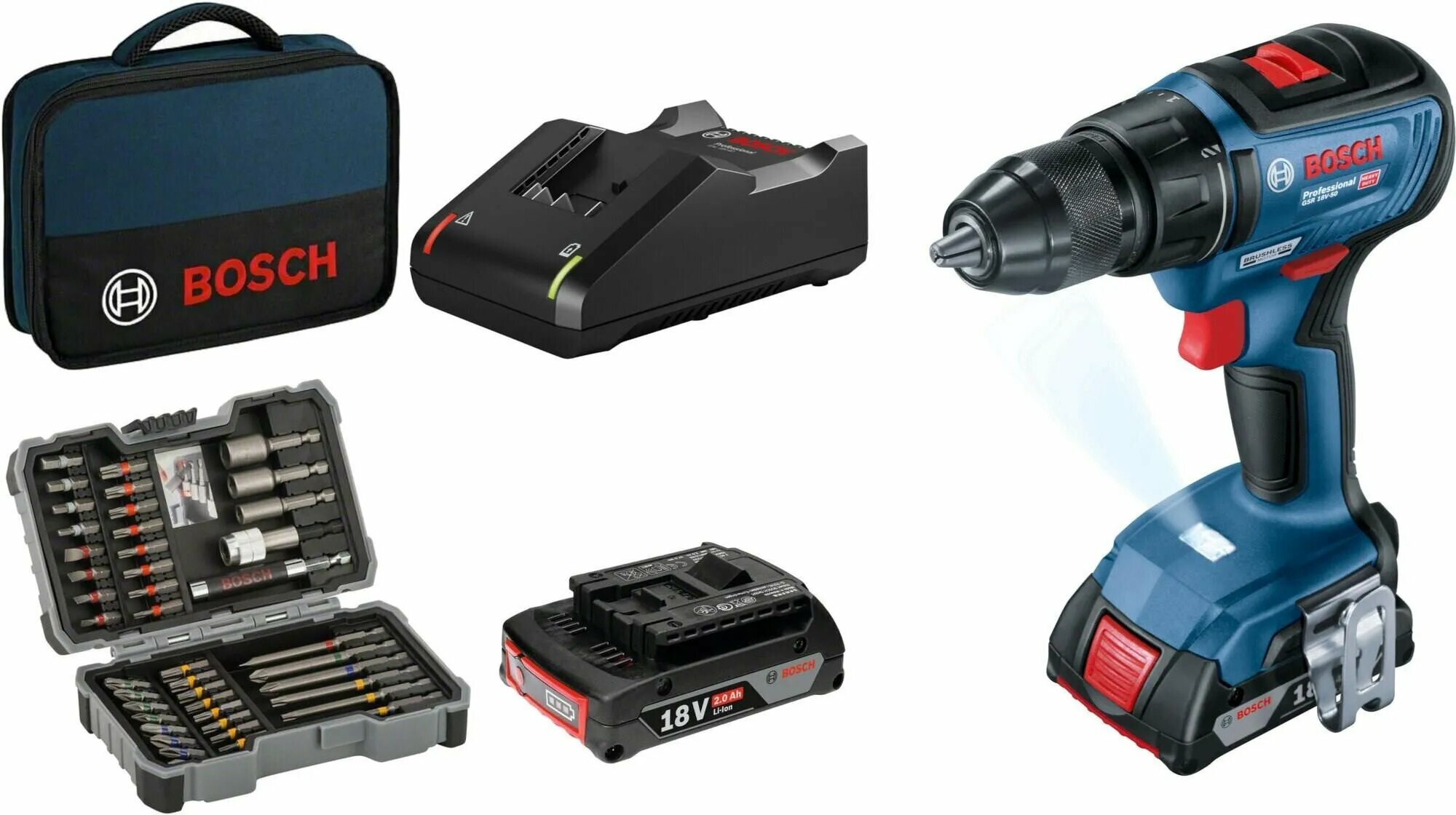 Аккумуляторная дрель с аксессуарами Bosch GSR 18V-50 Professional 06019H5004