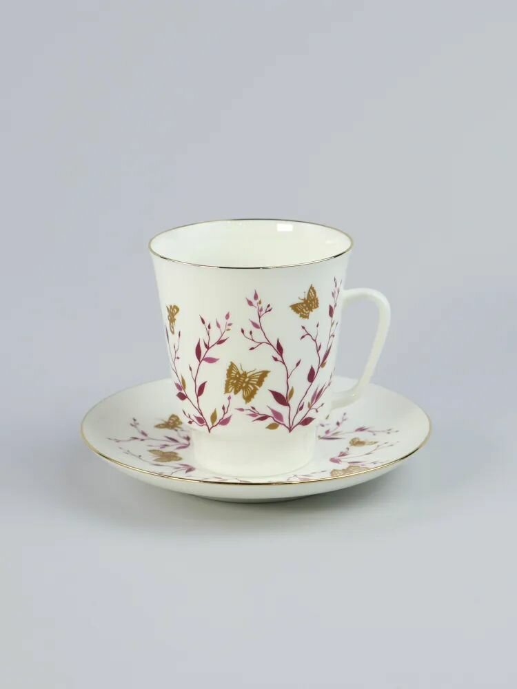 Кофейная пара 165 мл. Форма "Майская", рисунок "Розовые веточки". Костяной фарфор. Чашка и блюдце. Императорский фарфоровый завод ИФЗ ЛФЗ