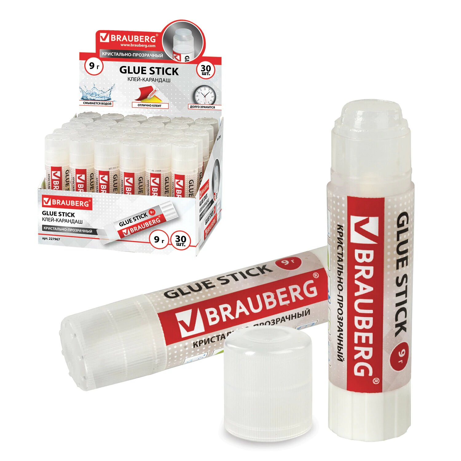 Клей-карандаш BRAUBERG "Crystal", 9 г, прозрачный, 227967, 3шт.
