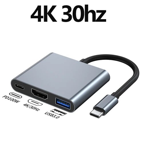 USB-C адаптер 3 в 1 HDMI 4K 30Hz, USB 3.0, PD 100W