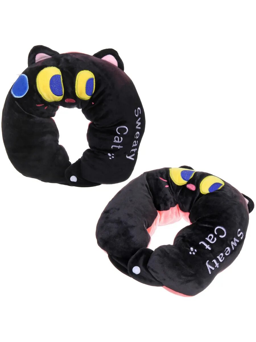 Подушка дорожная "TRIP Comfort", полиэстер, холлофайбер, черный, смешной котик