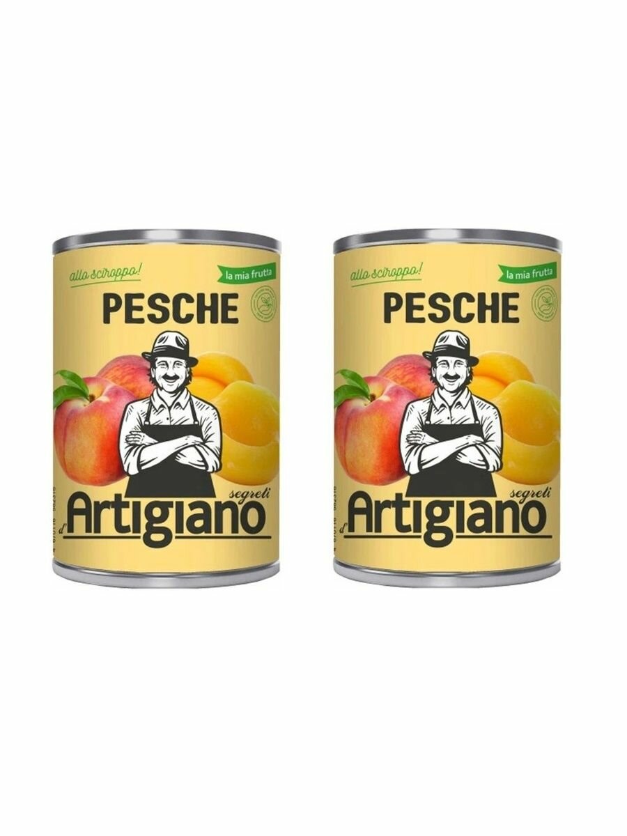 Персики половинки в сиропе, Segreti d'Artigiano, Китай, 425мл/400г х 2шт