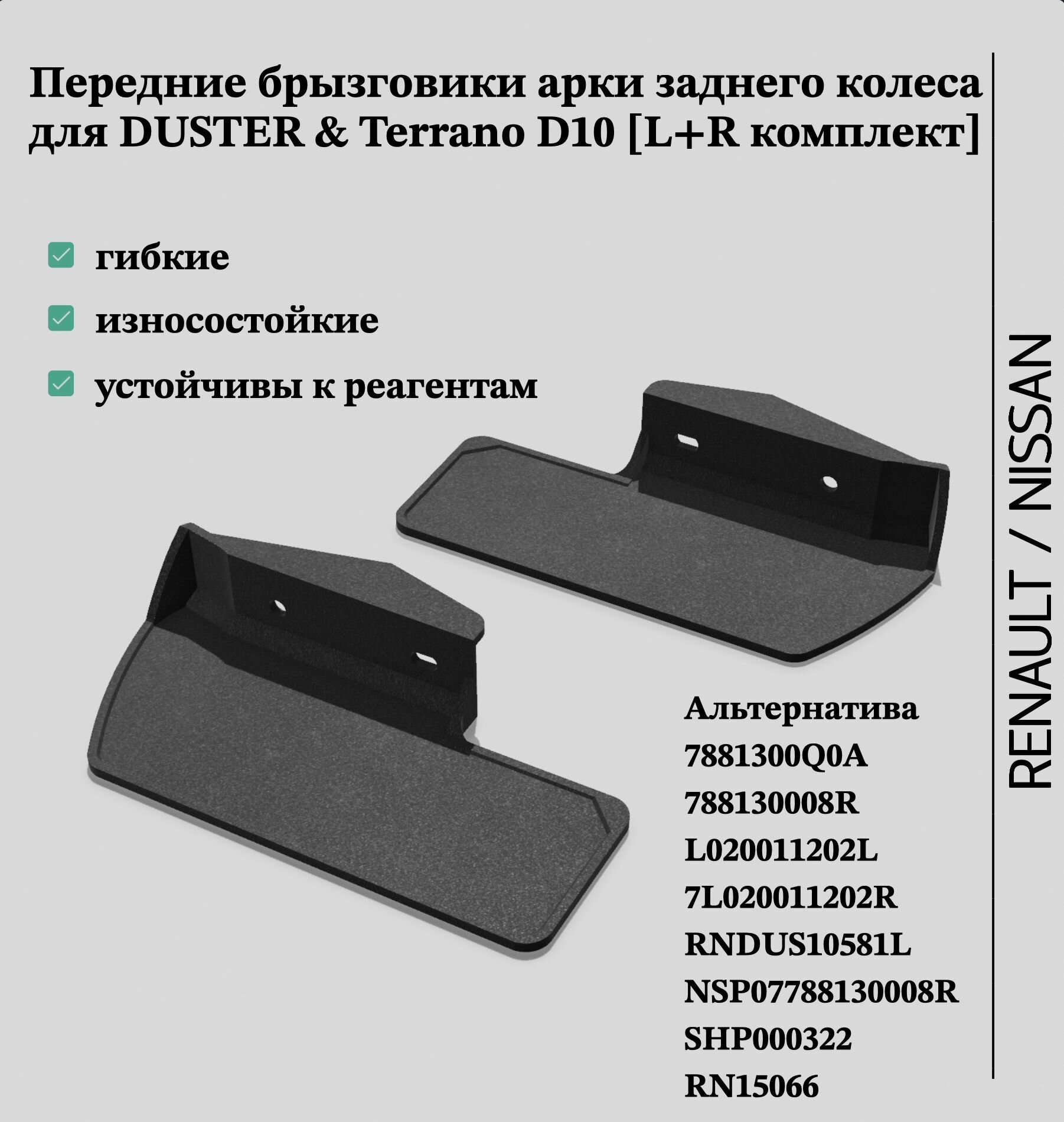 Передние брызговики заднего колеса для Renault Duster / Nissan Terrano 3 (Комплект)