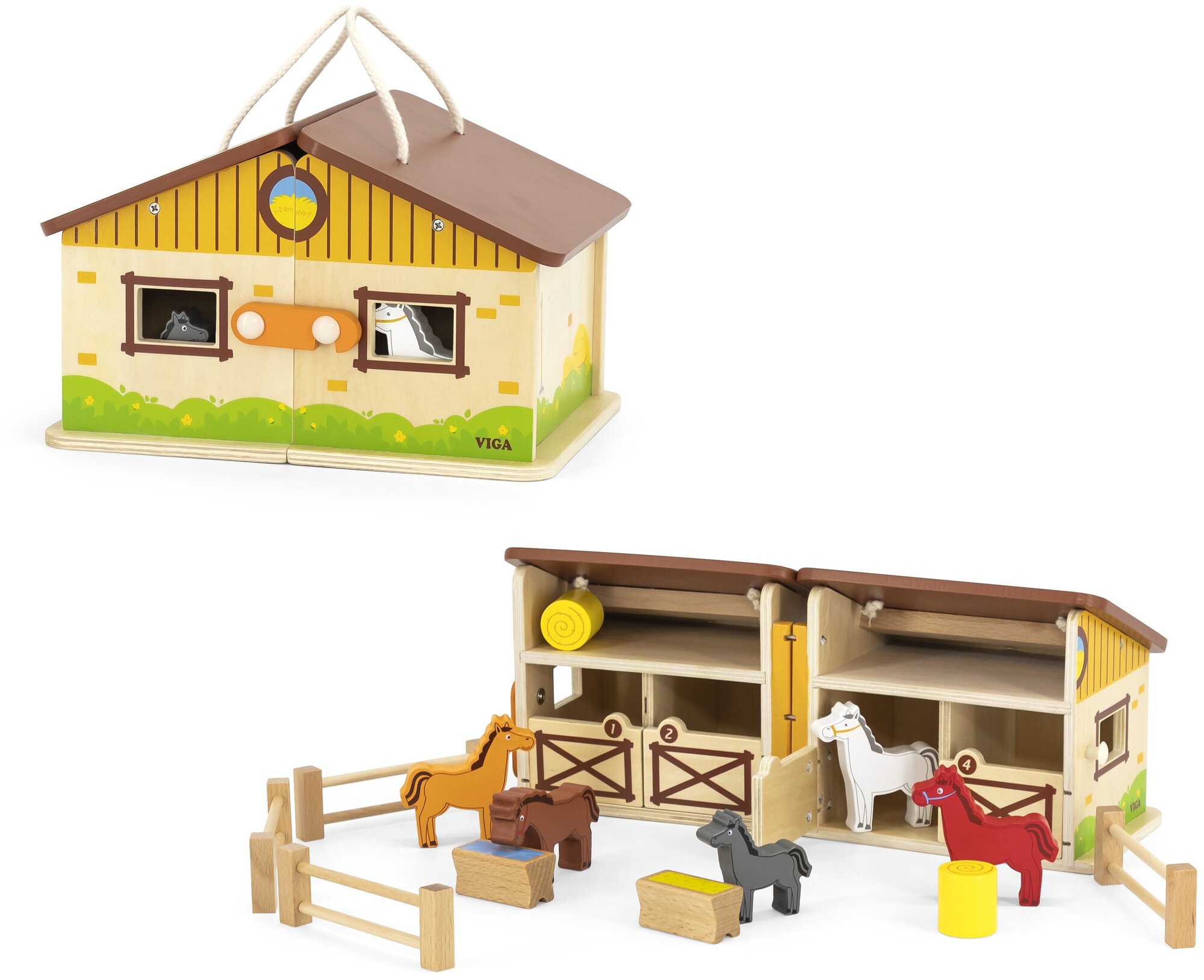 Игровой набор Viga Toys Конюшня складная с лошадьми, VG44502