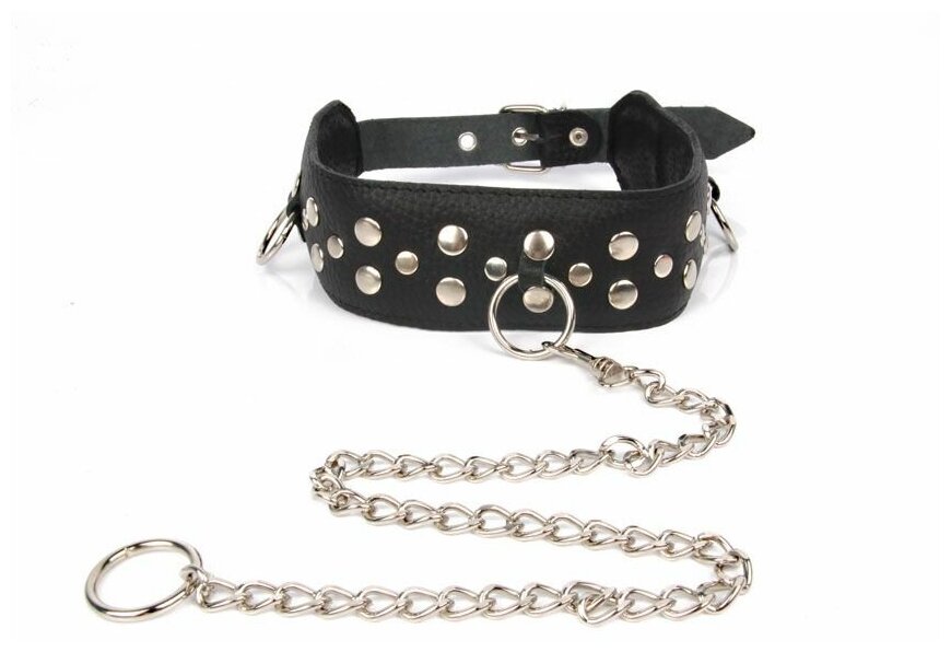 Черный ошейник с заклепками с металлическим поводком-цепочкой
