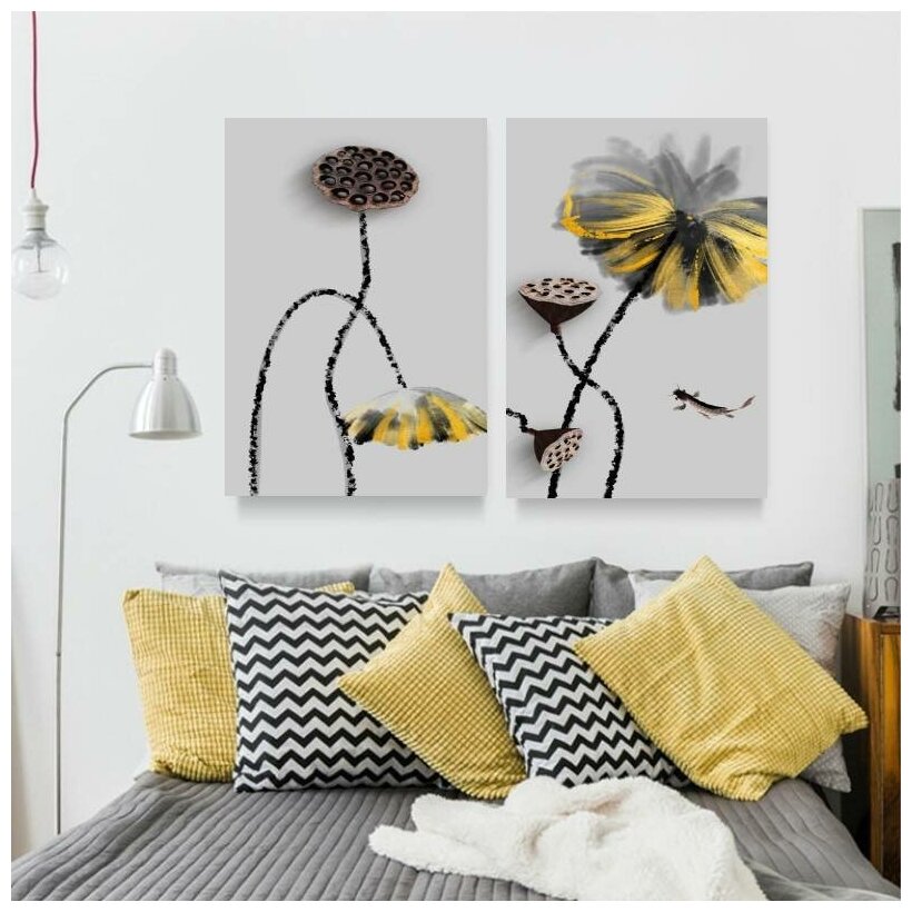 Комплект готовых картин (2 шт по 60х80см) в спальню/гостиную/зал "Цветок с рыбкой", холст на подрамнике, общий размер 80х120 см