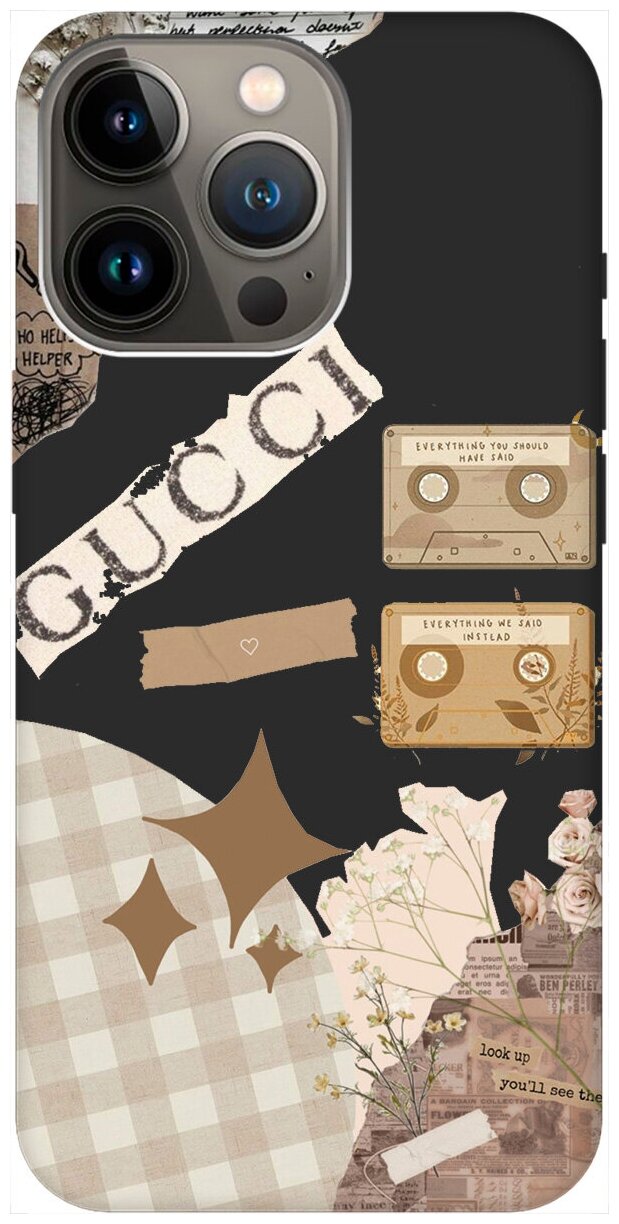 Силиконовый чехол на Apple iPhone 14 Pro Max / Эпл Айфон 14 Про Макс с рисунком "GUCCI Stickers" Soft Touch черный