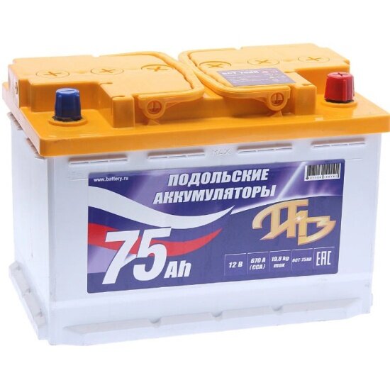 Аккумулятор Подольск , 190x175x276, обратная полярность, 75 Ач, 6СТ75(0)