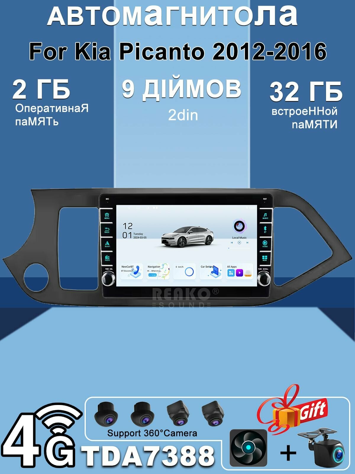 Магнитола для Kia Picanto 2012-2016 с крутилками, Тойота Королла + Переходная рамка / андроид магнитола