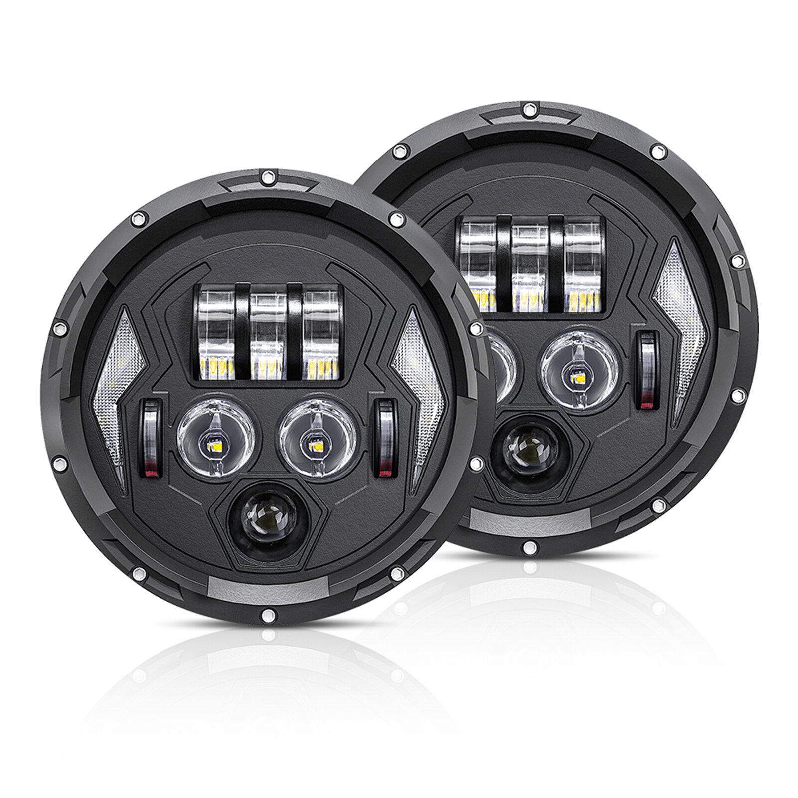 2Pcs 7 inch Автомобильный Мотоциклетный LED Фар с DRL/Поворотник/Низкий П луч/Высокий П луч 7' Круглая Фара Замена для Jeep Wrangler JK TJ LJ CJ с H4 на H13 Адаптер, 9-30V, 6000K Белый/3000K Янтарный, IP67