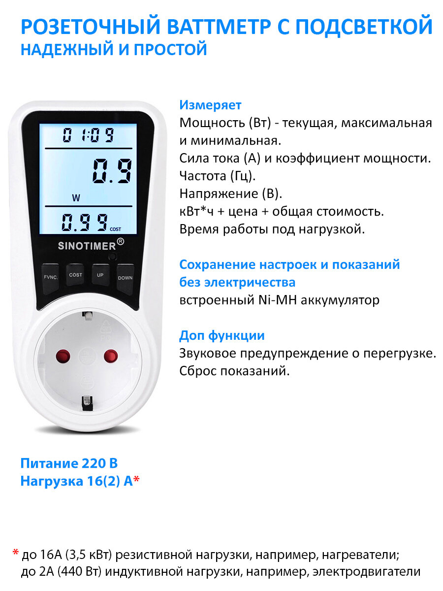 Бытовой розеточный ваттметр c подсветкой, сила тока до 16А