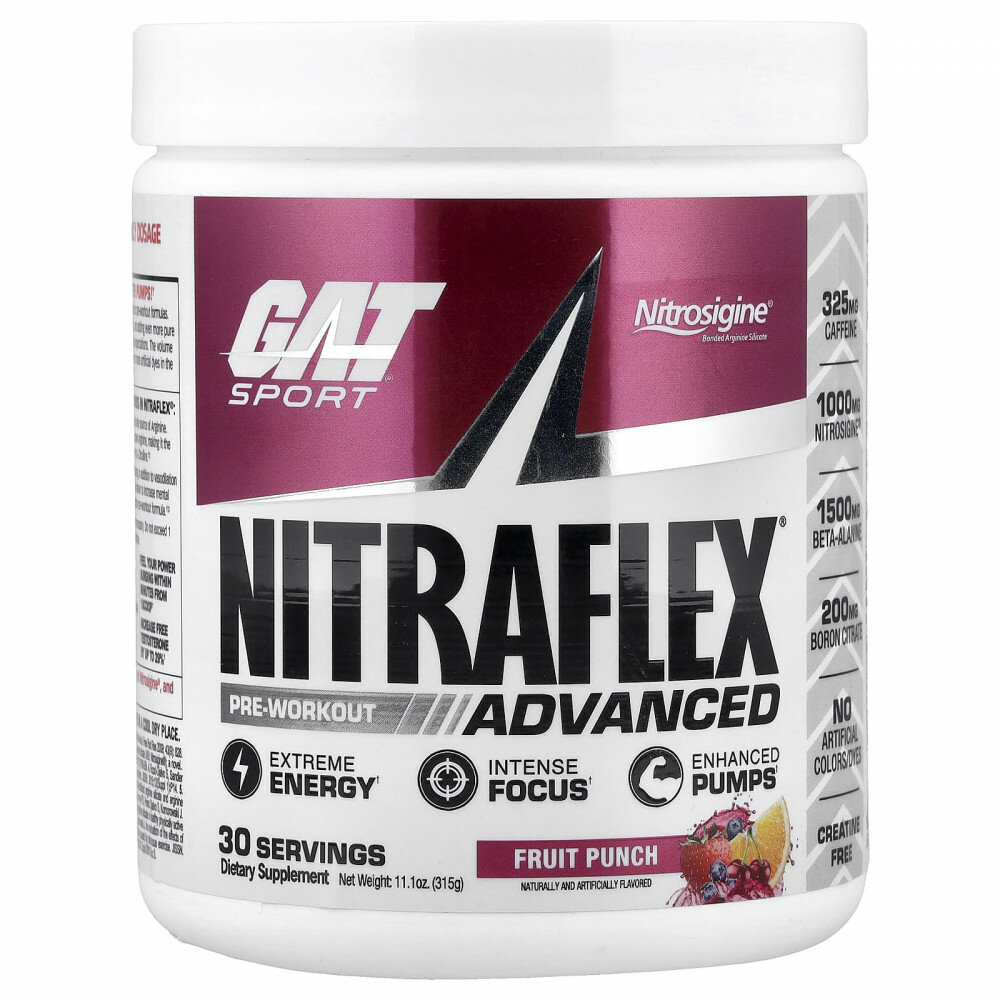 GAT, Sport, NITRAFLEX® Advanced, предтренировочный комплекс, фруктовый пунш, 315 г (11,1 унции)
