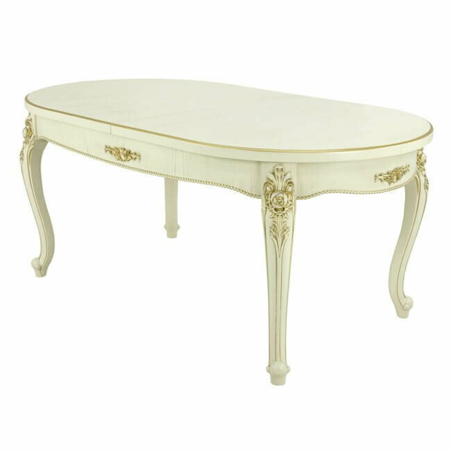Стол классический с узорами, белый, с золотой патиной, 160х100х75 см