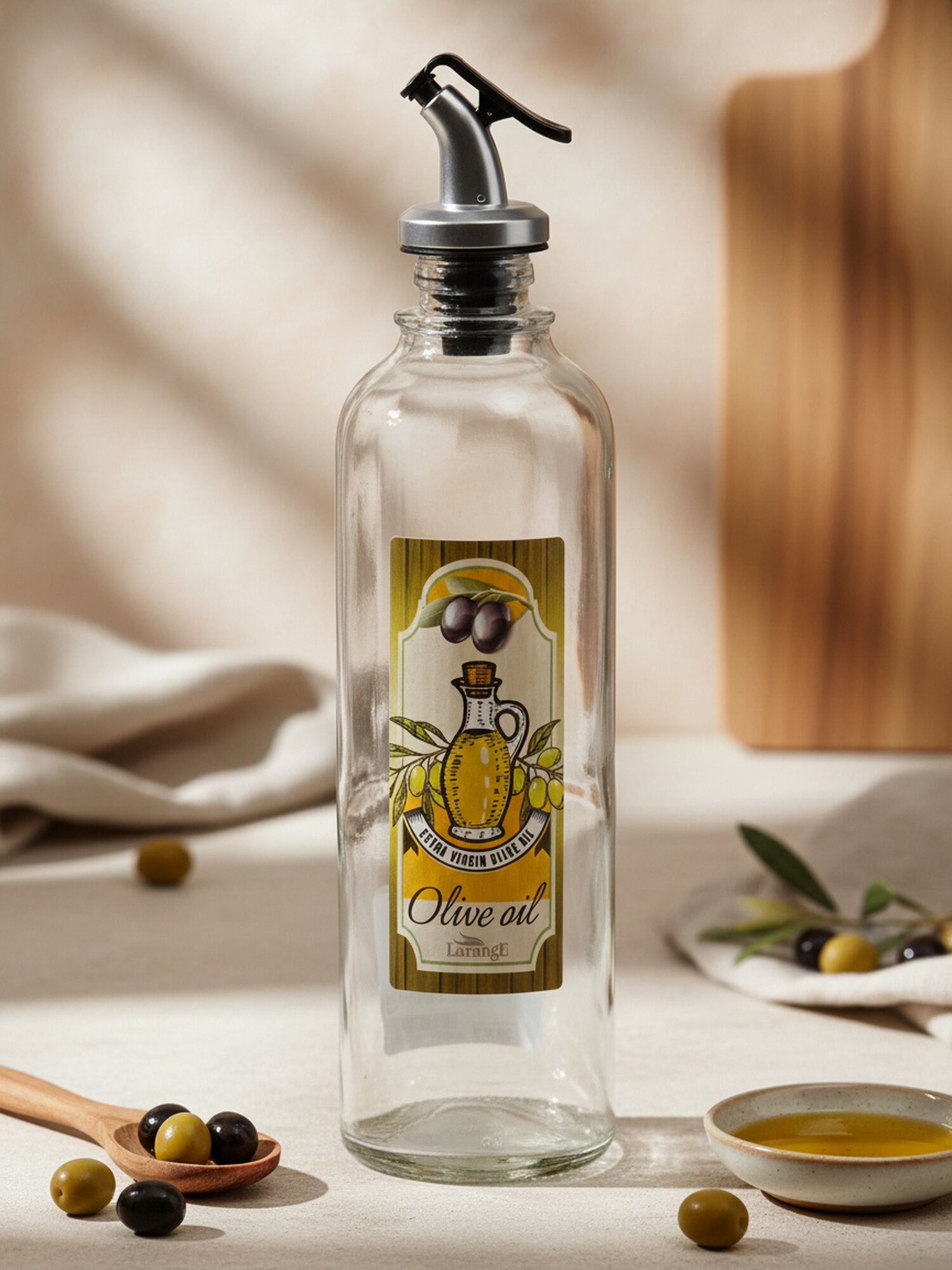 Бутылка для масла и уксуса стеклянная 500 мл с дозатором Olive oil, прозрачная емкость под соусы, кухонный аксессуар