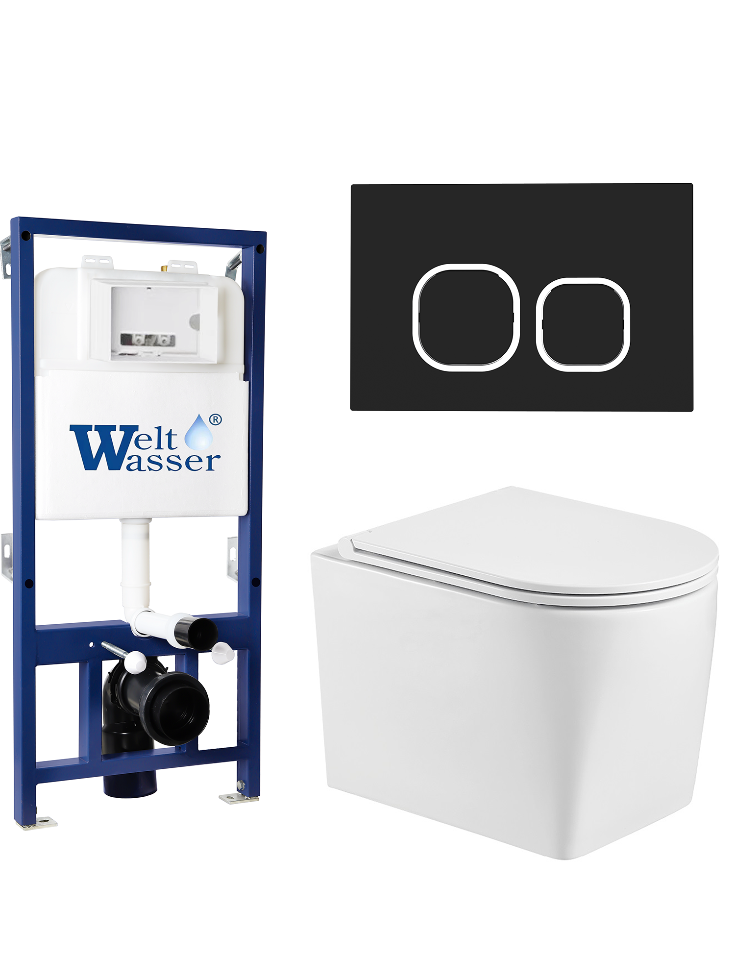 Комплект 3 в 1 Унитаз подвесной WeltWasser NESENBACH 004 GL-WT безободковый+Инсталляция BAMBERG 525 с кнопкой BAMBERG BL черная матовая