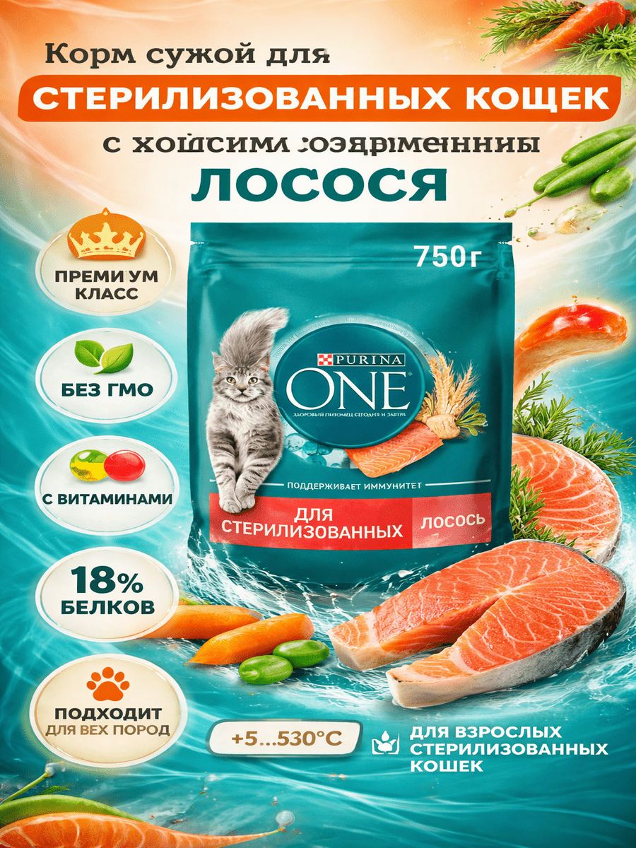 Корм сухой Purina One для стерилизованных кошек и кастрированных котов с высоким содержанием лосося, 750г