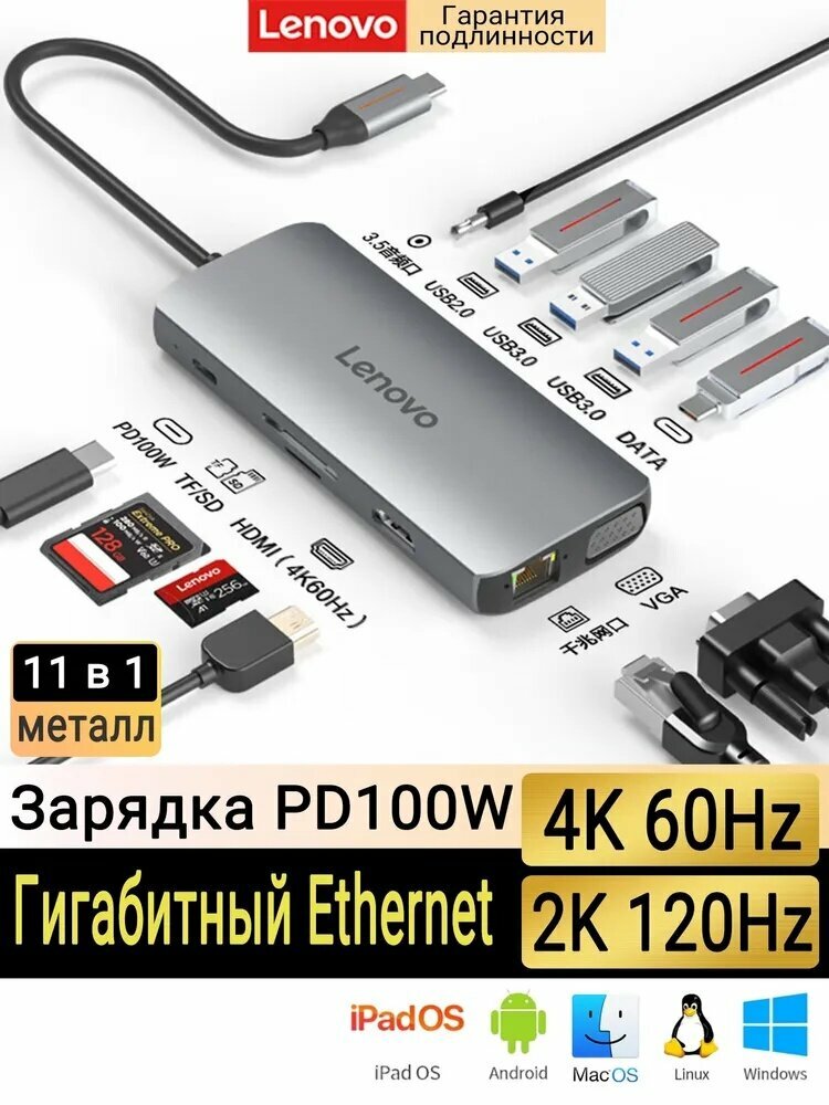 Lenovo USB Концентратор Разветвитель хаб Переходник HUB DOCK H1-C11 11 в 1 Type-C to 3.5 Аудио/USB2.0/USB3.0*2/USB-C DATA/Type-C PD100W/TF/SD/HDMI/RJ45/VGA