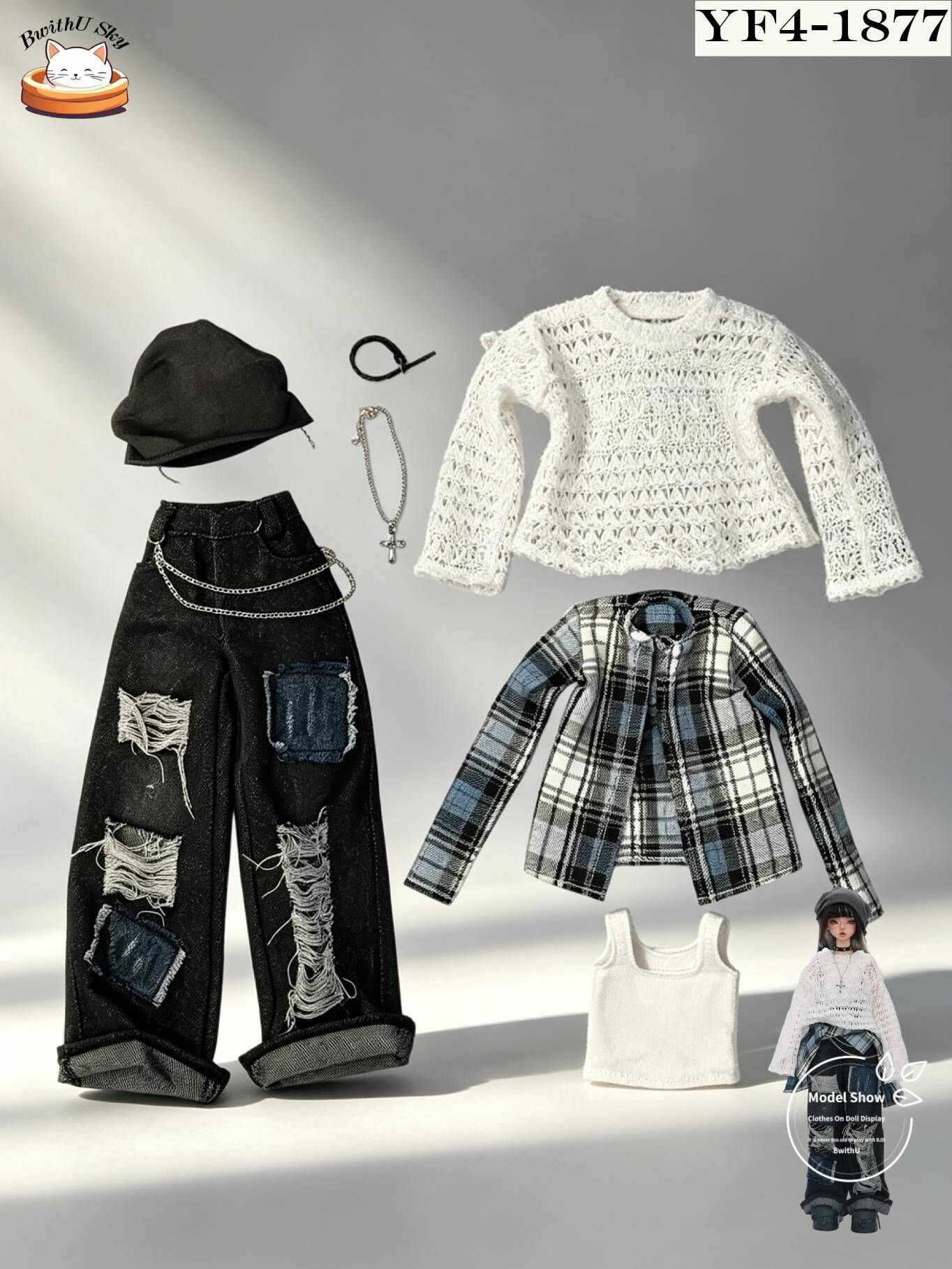 BwithUSky YF4-1877 for 1/4 Lena BJD Комплект для БЖД: сетчатый свитер, клетчатая рубашка и рваные джинсы