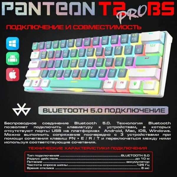 Клавиатура Jet.A Panteon T2 PRO RS (74) White-Blue TKL 60% механическая, 61КЛ, свитчи Outemu RED, подсветка клавиш