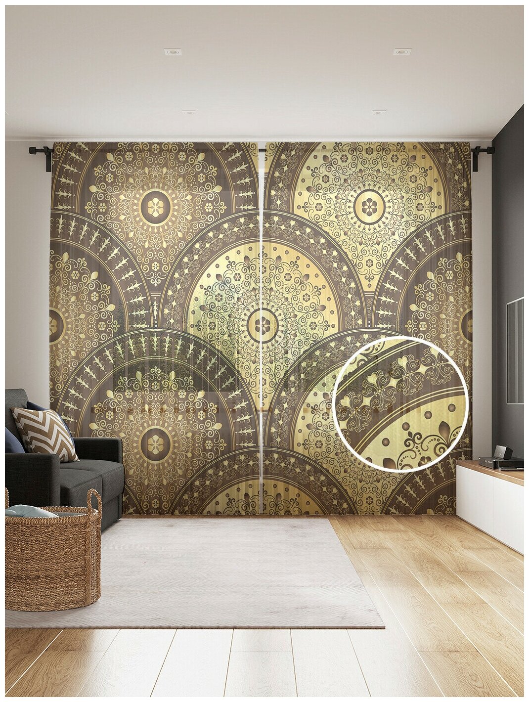 Тюль для кухни и спальни JoyArty "Орнамент арабеска", 2 полотна со шторной лентой шириной по 145 см, высота 265 см.