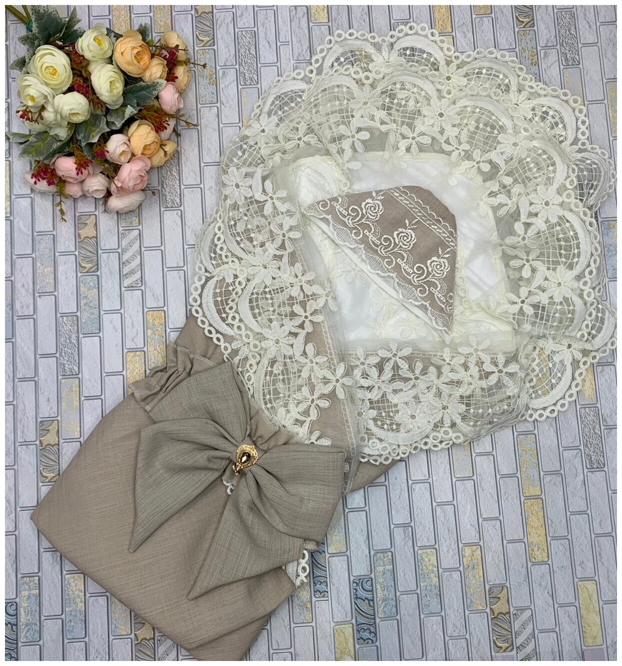 Конверт для новорожденного на выписку из роддома для новорожденных 4 предмета шоколад