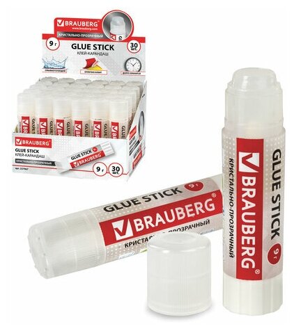 Клей-карандаш BRAUBERG "Crystal", 9 г, прозрачный, 227967, PVP