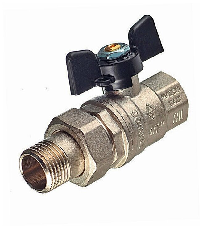 Кран шаровой латунный Bugatti (3220088) 1/2 ВР(г) х 1/2 НР(ш) бабочка с полусгоном прямой