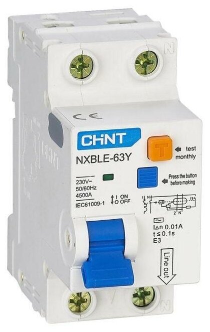 Выключатель автоматический дифференциального тока 1п+N C 6А 30мА электрон. тип AC 4.5кА NXBLE-63Y (R) CHINT 105540