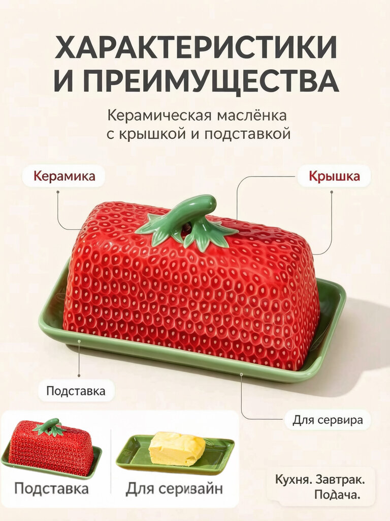 Масленка керамическая MyPads Y542459 в виде клубники с крышкой и подставкой красная