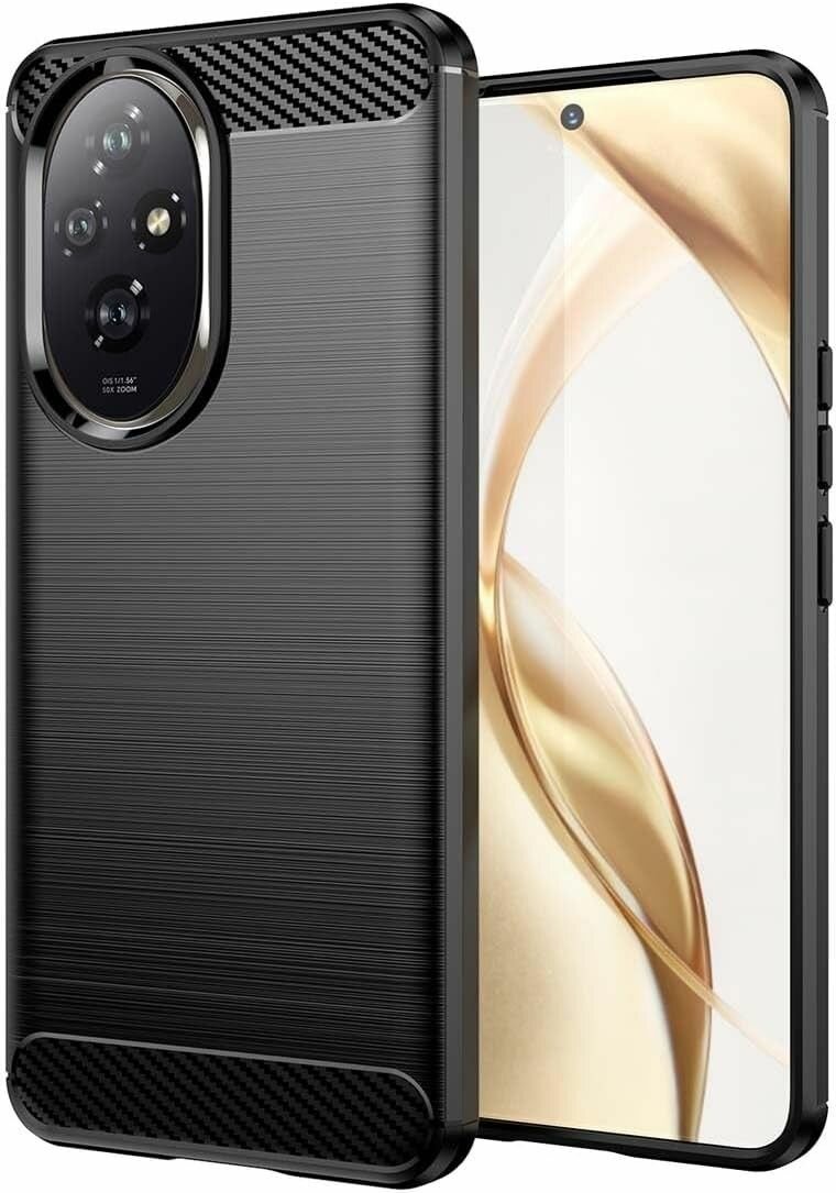 Чехол на Honor 200 силиконовый карбон сталь черный противоударный