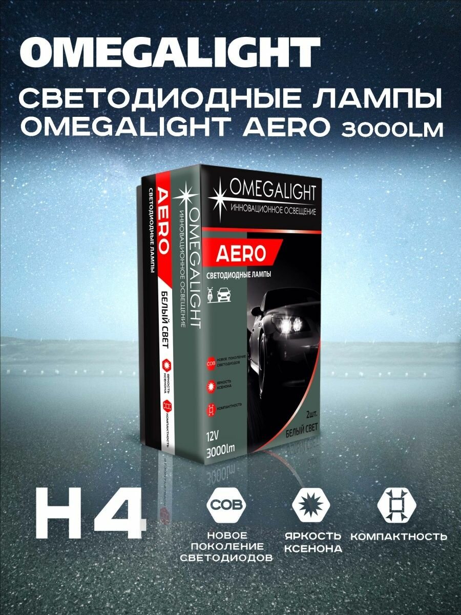 Светодиодные лампы Omegalight Aero H4 3000Лм, 5000К, 12В 2шт