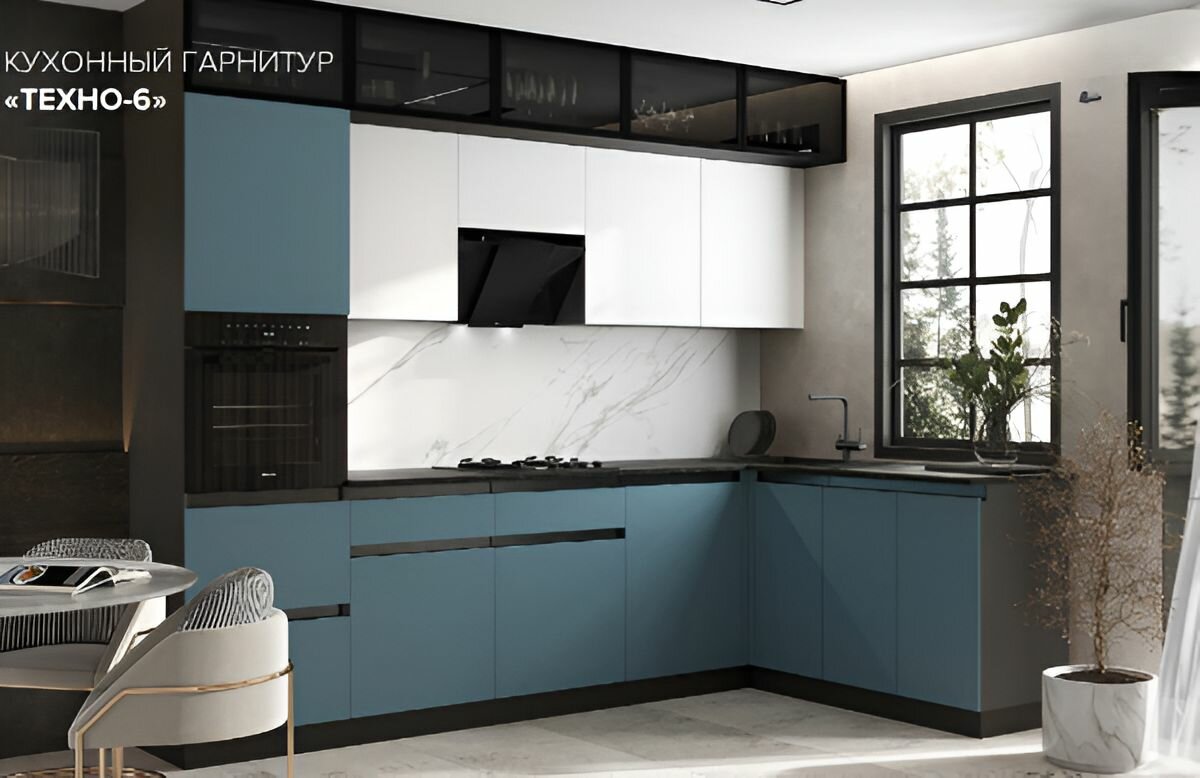 Кухонный гарнитур Техно-6 3,0х1,8м Браш Блю Белый/Графит